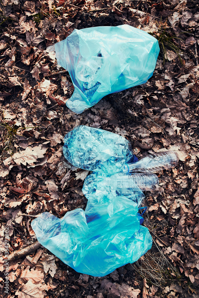 Plastic waste left in forest. Concept of plastic pollution and ...
