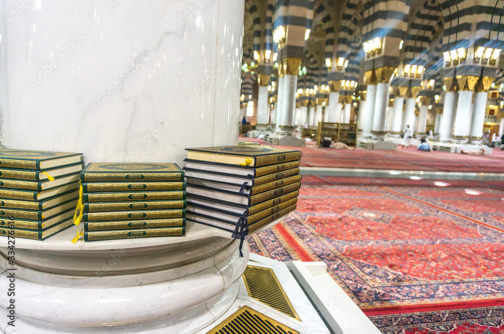 MEDINA-MAR 08 : A stack of Quran inside of Masjid Nabawi March 08, 2015 ...