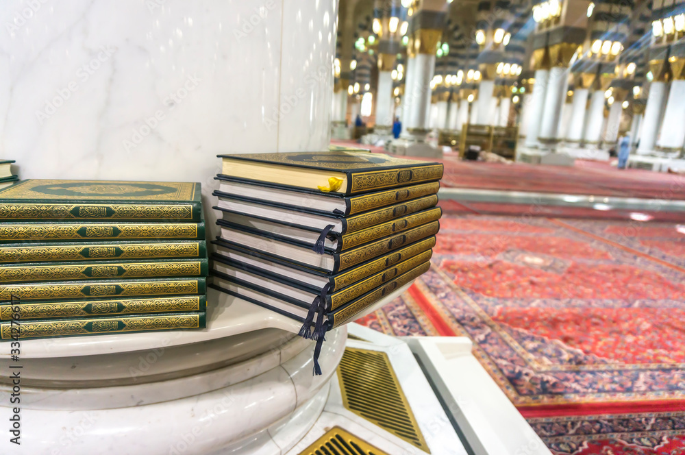 MEDINA-MAR 08 : A stack of Quran inside of Masjid Nabawi March 08, 2015 ...