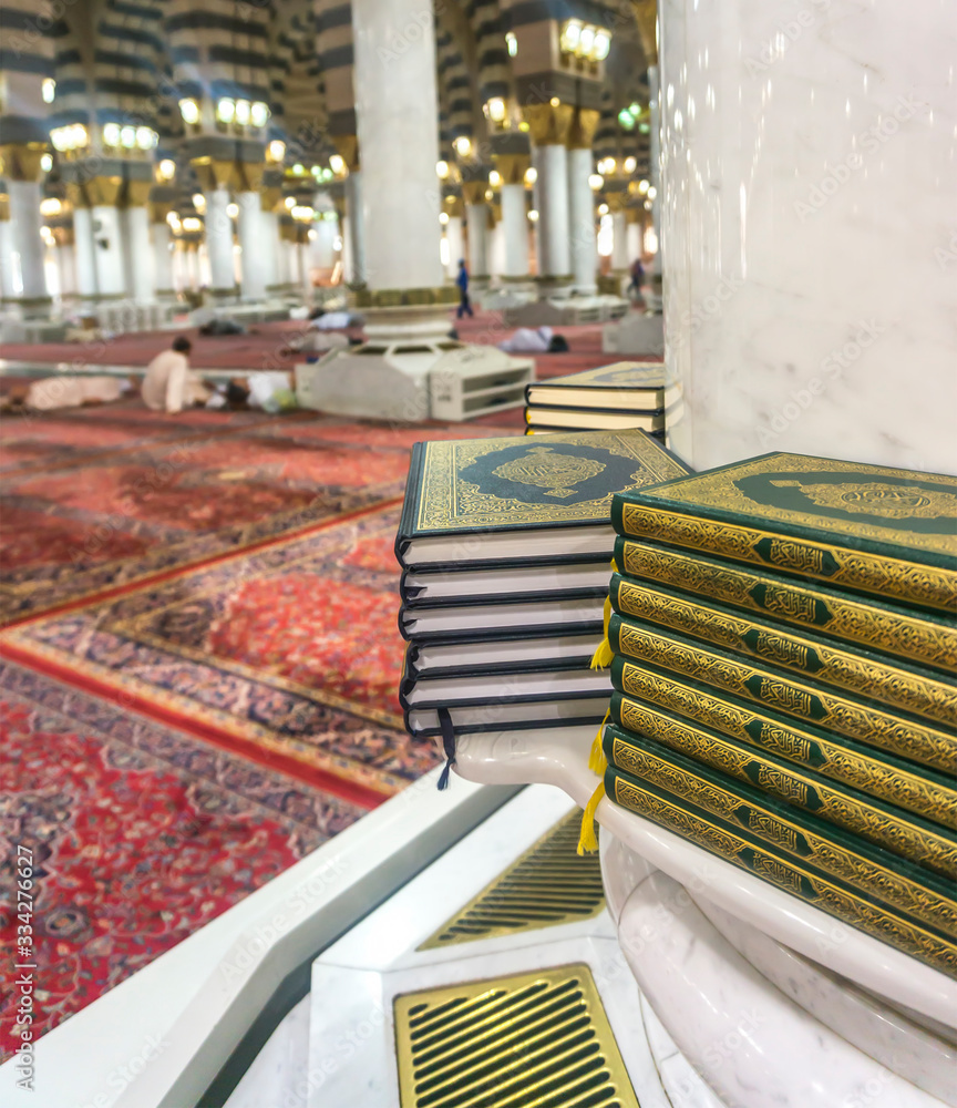MEDINA-MAR 08 : A stack of Quran inside of Masjid Nabawi March 08, 2015 ...