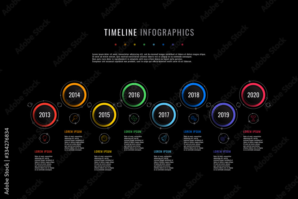 horizontal timeline infographic with round elements, year indication ...