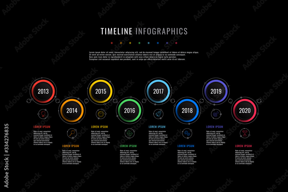 horizontal timeline infographic with round elements, year indication ...