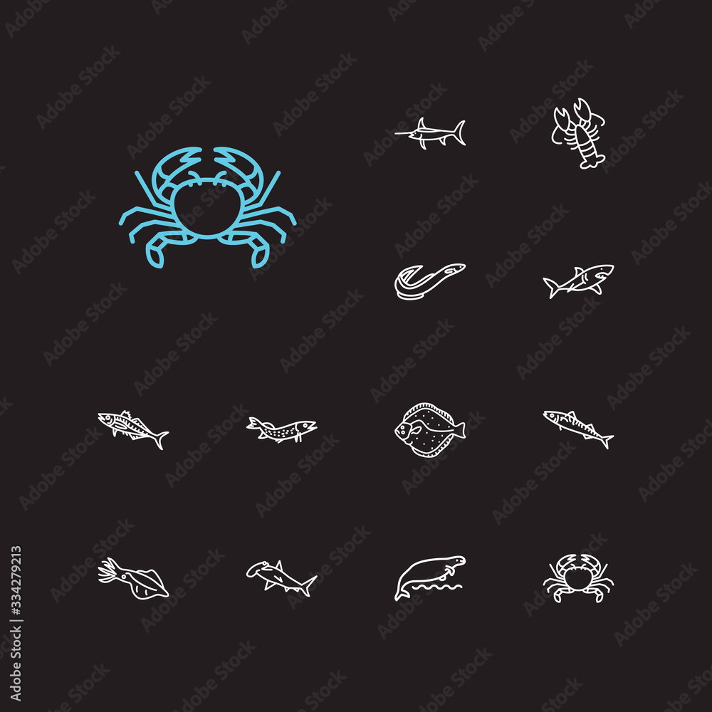 Aquatic icons set. Scad and aquatic icons with flatfish, sea cow and ...