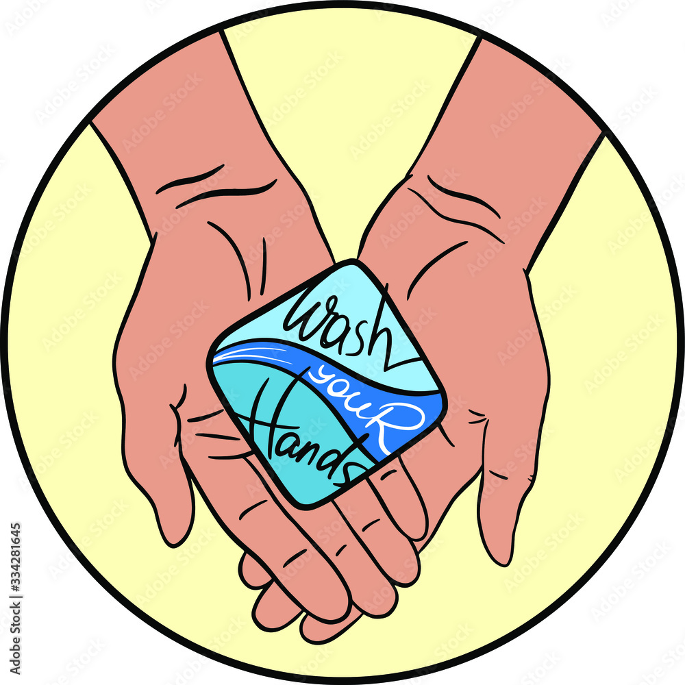 wash your hands with soap in a black circle on a yellow background ...