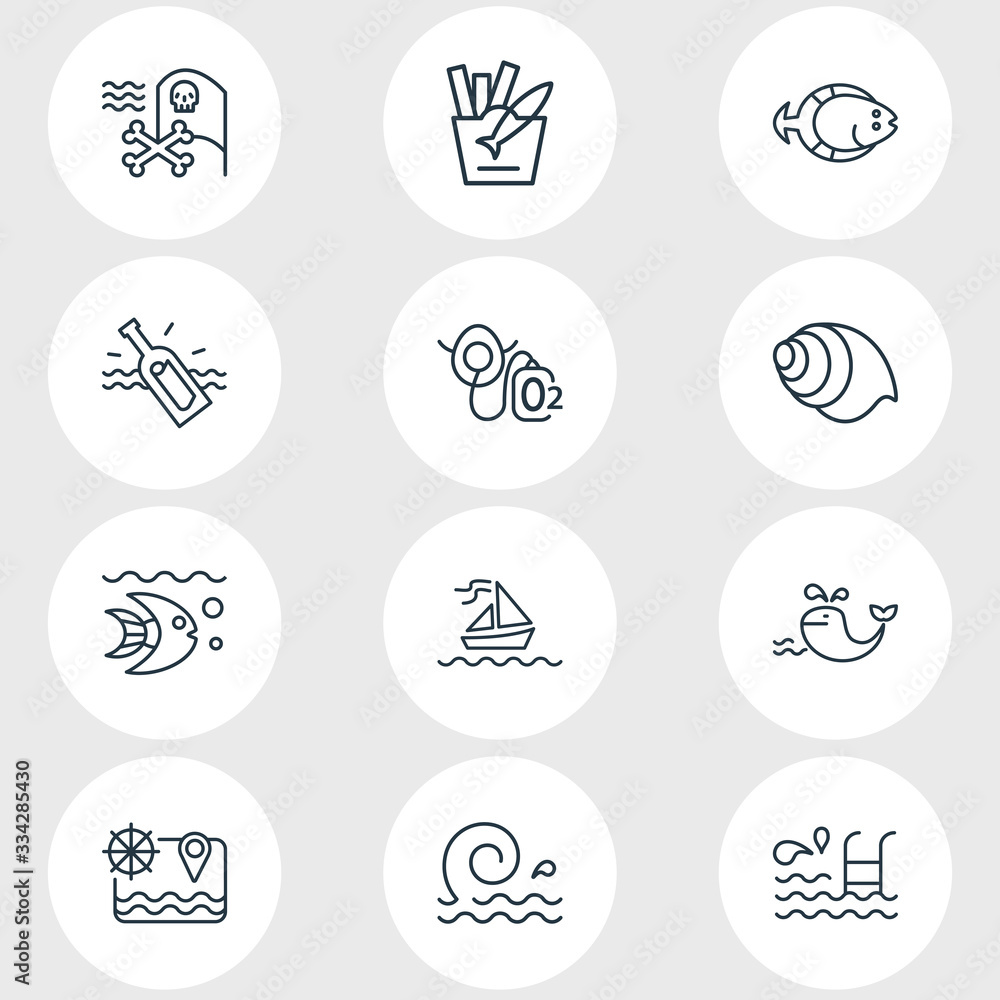 Vector illustration of 12 marine icons line style. Editable set of sea ...