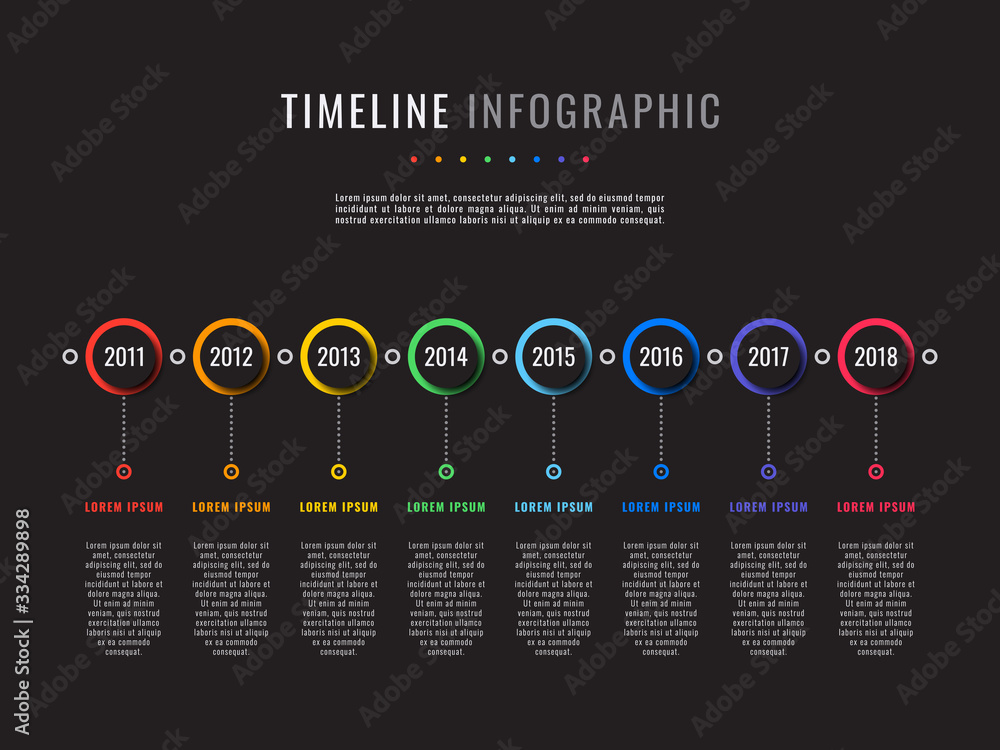 horizontal timeline infographic with round elements, year indication ...