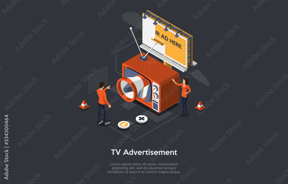 Isometric TV Advertisement Concept, New Advertising Technologies ...