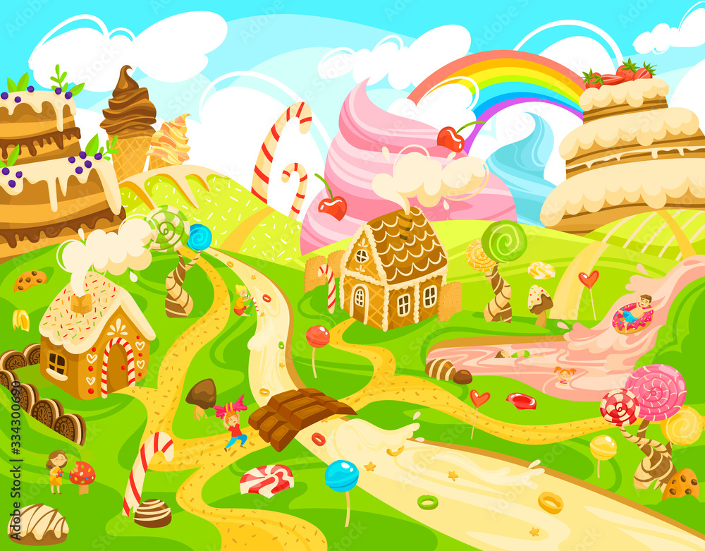 Children in candy land, kids in fantasy world of sweets, boys and girls ...