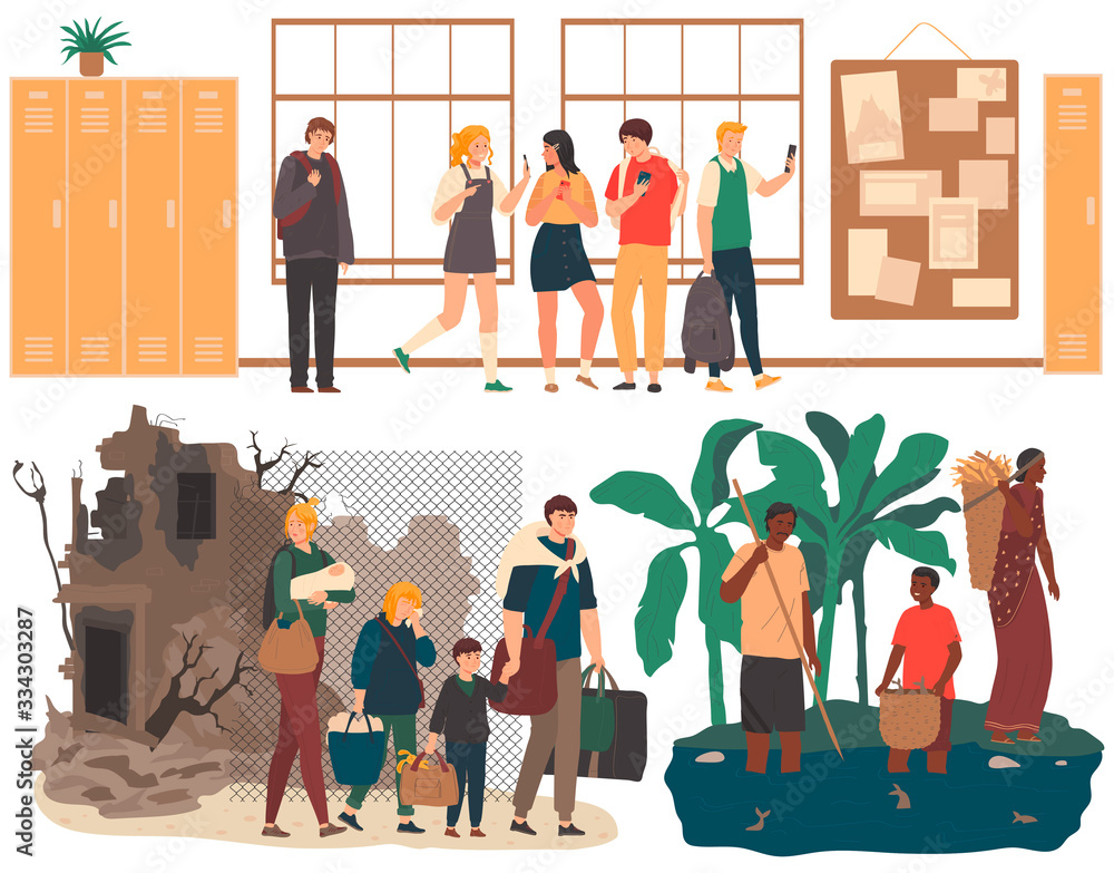 Social inequality, refugees and poor people, family escapes from war ...