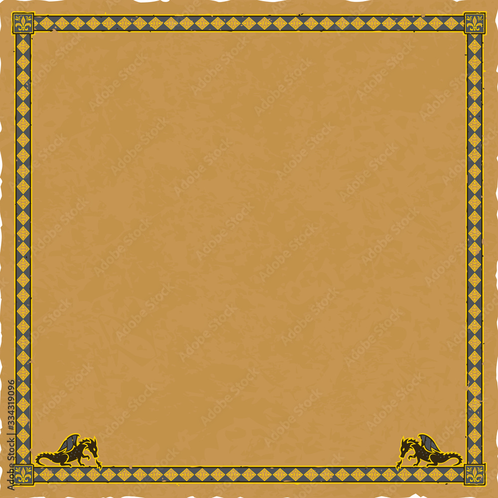 Vector drawing of a square medieval fantasy frame with fire-breathing ...