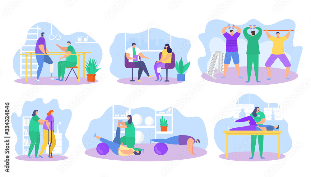 Physiotherapy rehabilitation assistance vector illustration. Cartoon ...