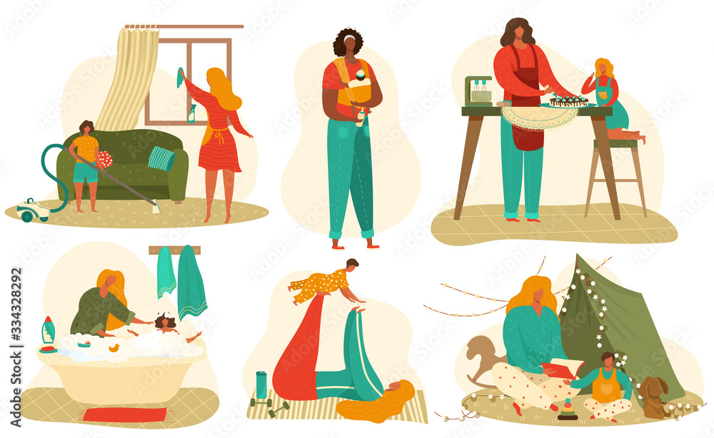 Mother and baby daily routine set of flat vector illustrations isolated ...