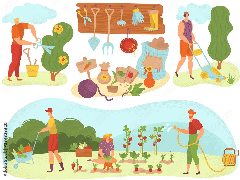 People with garden tools gardening, watering plants green vegetables in ...