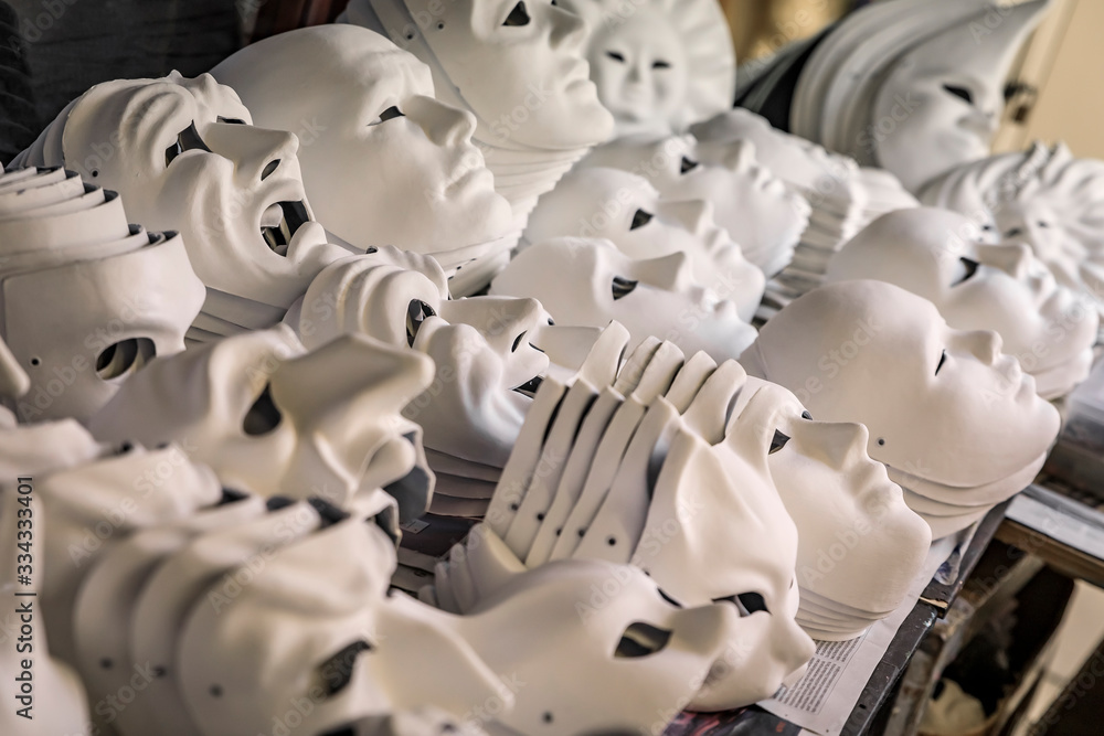 Traditional blank papier mache Venetian carnival masks on display at a ...