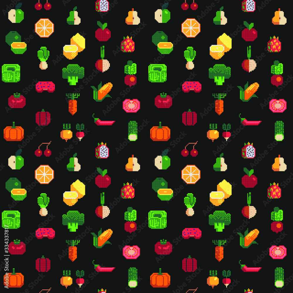Fruits and vegetables seamless pixel art pattern, fabric textures ...