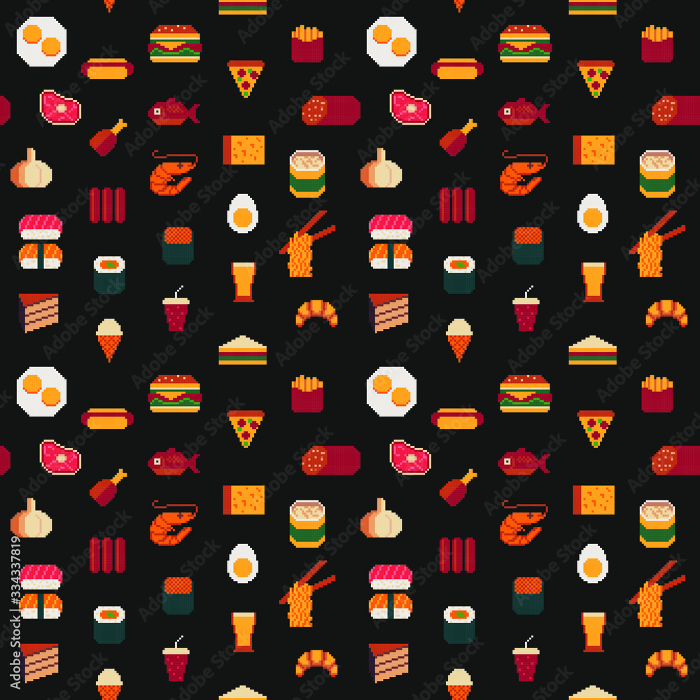 Food seamless pixel art pattern, fabric textures, isolated vector ...