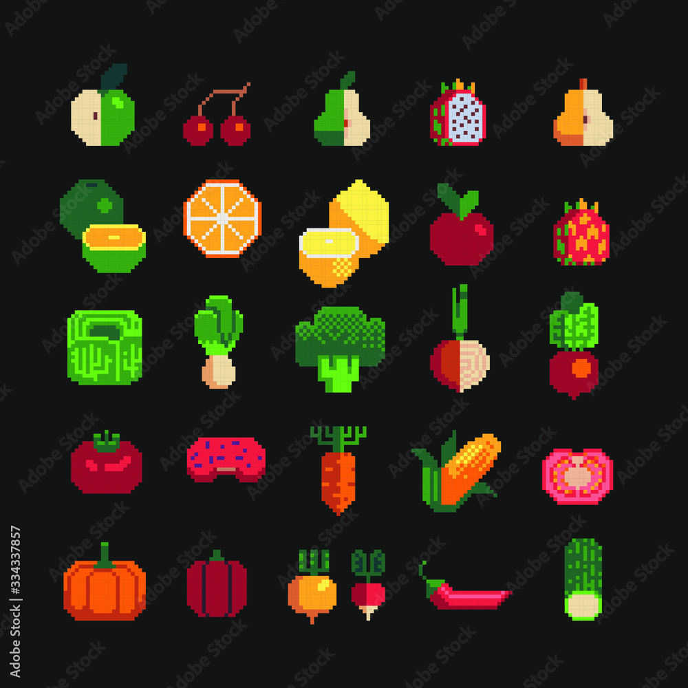 Fruits and vegetables pixel art icons set isolated vector illustration ...