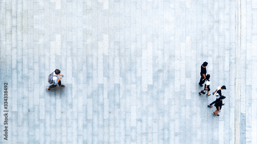Human life in Social distance. Aerial top view with blur man with ...