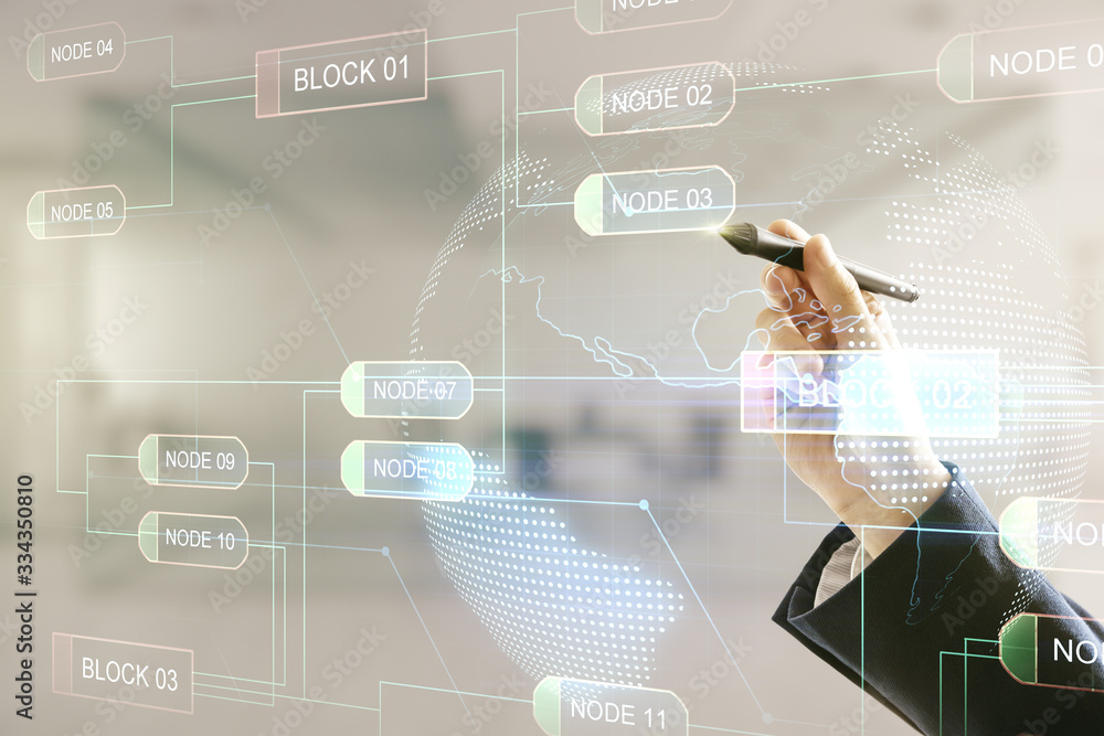 Male hand with pen working with abstract virtual coding illustration ...