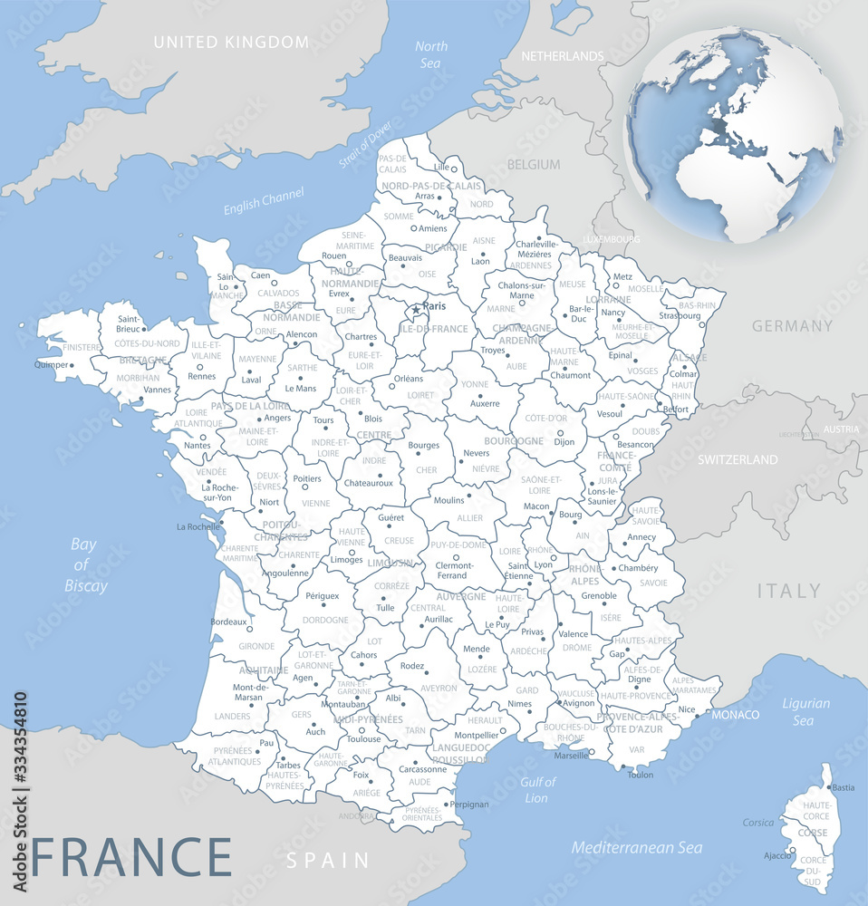 Blue-gray detailed map of France and administrative divisions and ...