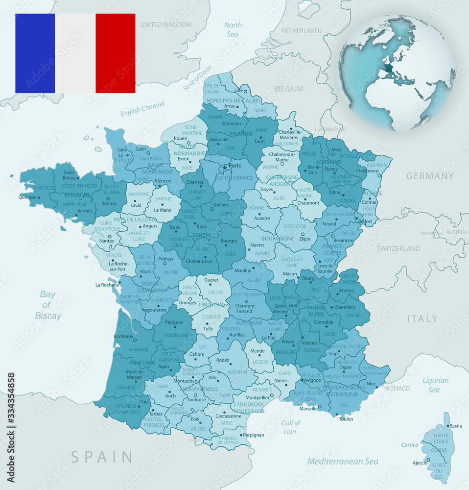 Blue-green detailed map of France and administrative divisions with ...