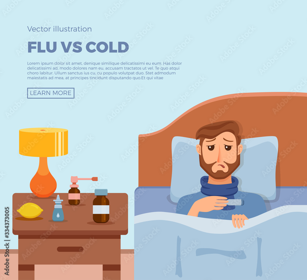 Sick girl in bed with the symptoms of cold, flu. Cartoon vector ...