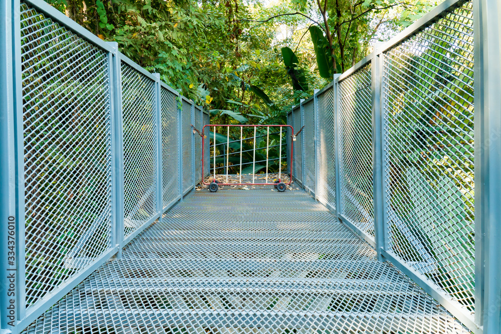 Dead end on skywalk with steel barrier background. Blind alley way with ...