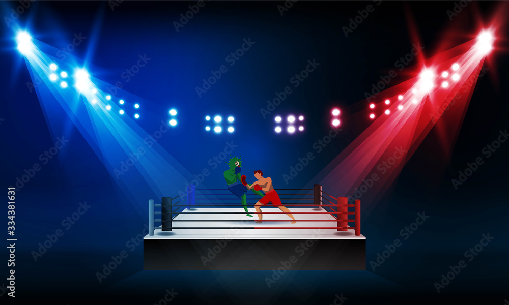 Boxer knocking out corona man at Boxing ring arena and spotlight ...