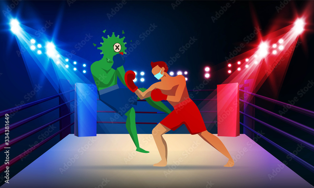 Boxer knocking out corona man at Boxing ring arena and spotlight ...