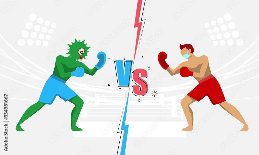 Boxer man vs corona man at Boxing ring arena and spotlight floodlights ...