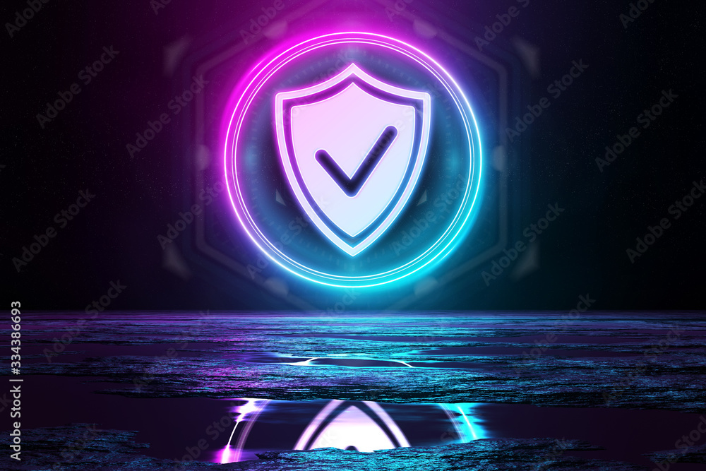 Digital cyber security holographic icon illuminating the floor with ...
