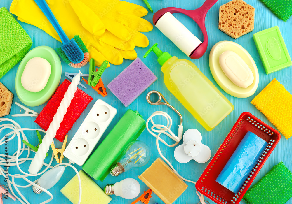 Household items on a blue background. Items for household, cleanliness ...
