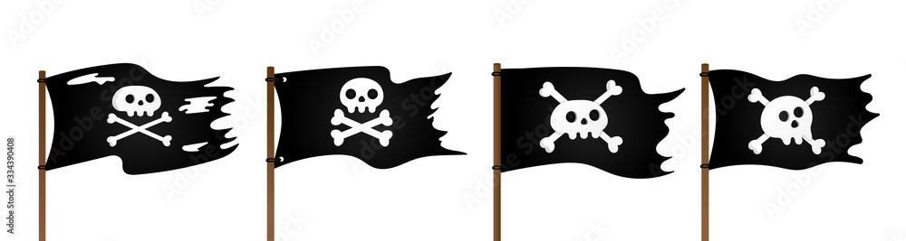 4 Pirate flag with Jolly Rogeras skull and crossing bones flat style ...