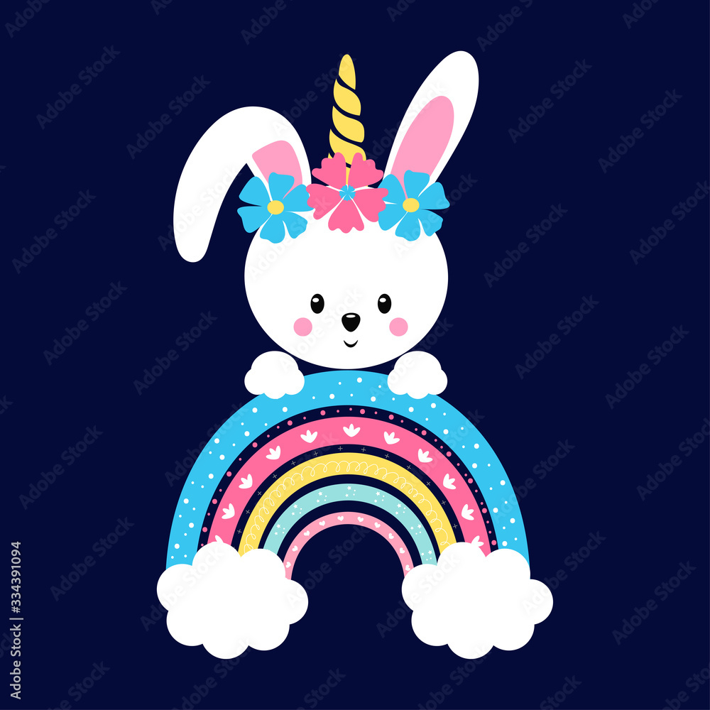 Cute unicorn rabbit on a rainbow. Cute easter bunny vector illustration ...