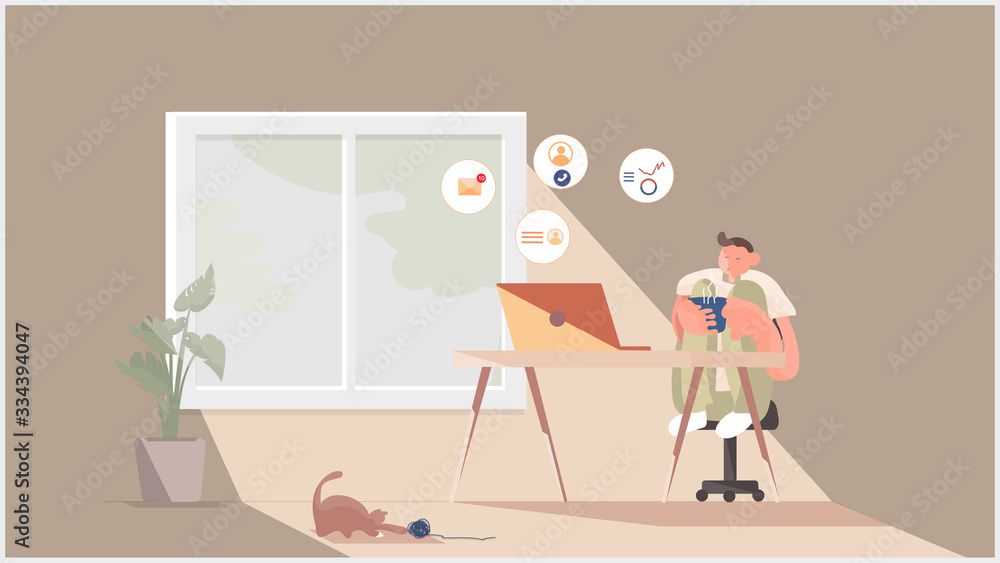 Art & Illustration Work from home concept.Young man drinking tea or ...