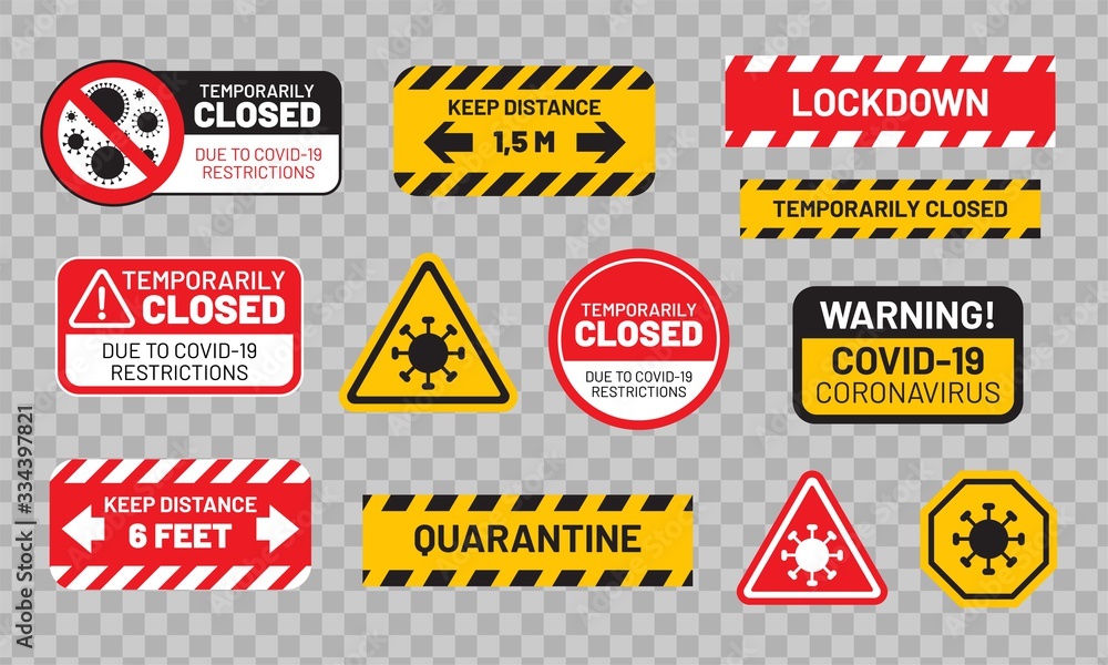 Quarantine sign set for COVID-19 (Coronavirus). Stickers or labels ...