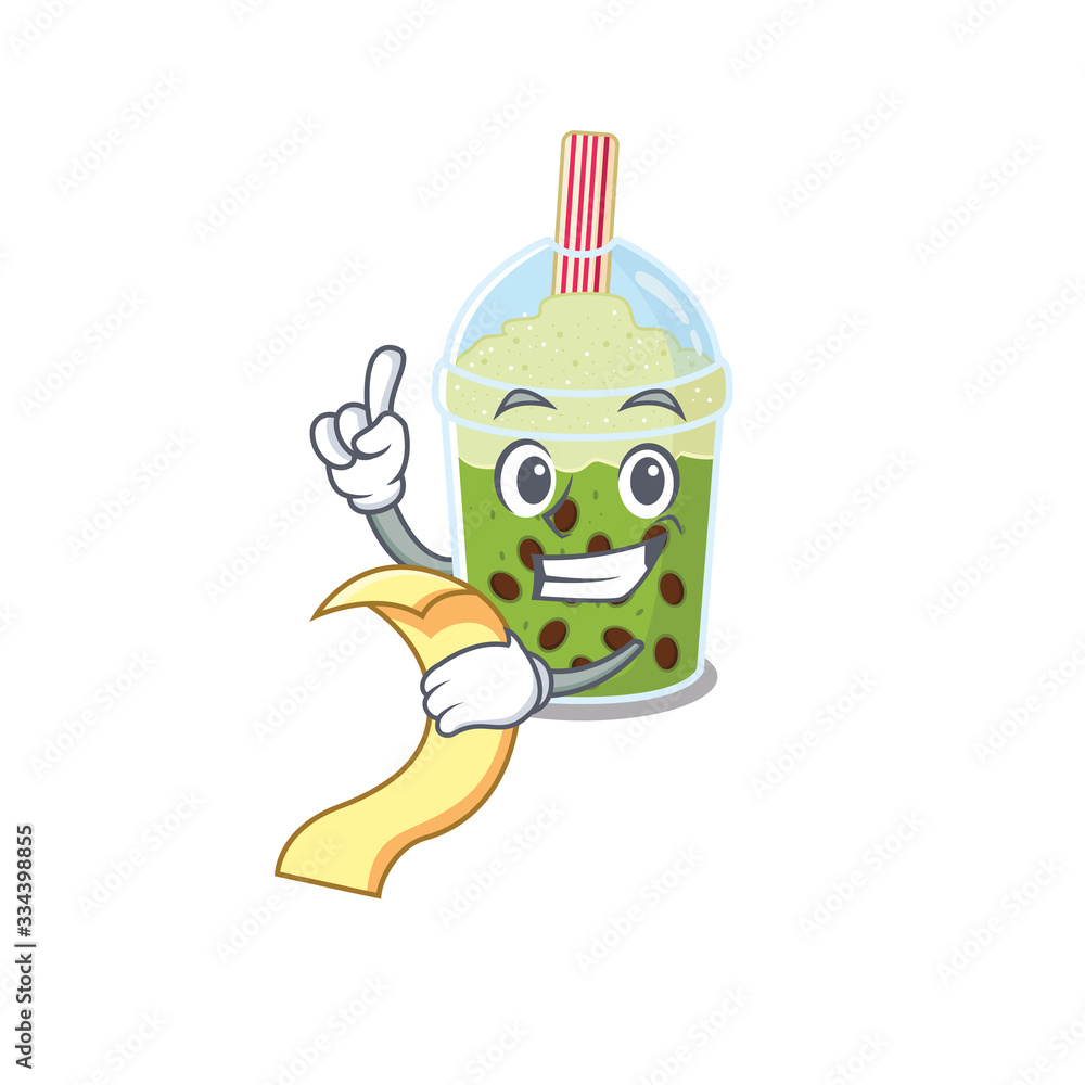 cartoon character of matcha bubble tea holding menu ready to serve ...