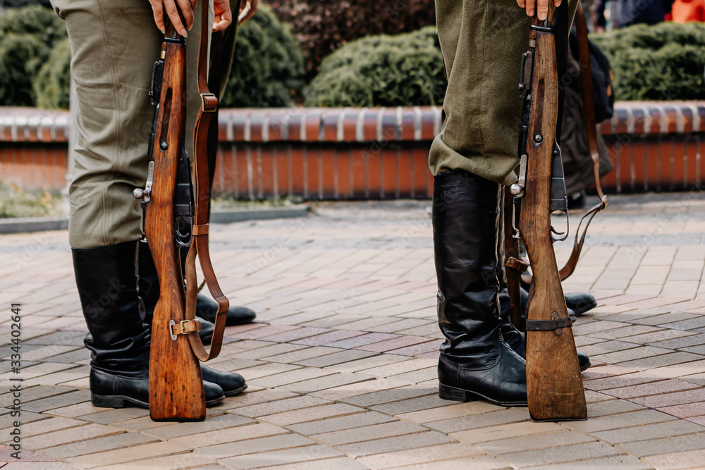 13.10.2019 Vinnitsa, Ukraine: military actors hold weapons of World War ...
