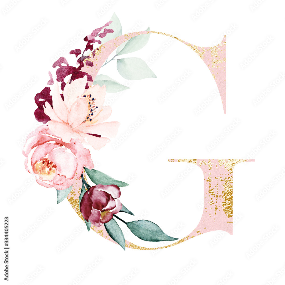 Letter G decorated watercolor painting flowers and leaf. Floral pink ...