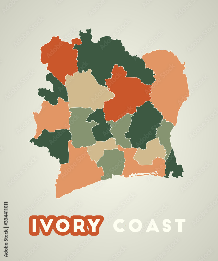 Ivory Coast poster in retro style. Map of the country with regions in ...