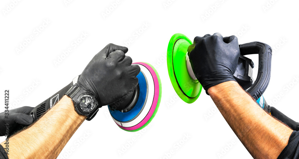 Car polish wax worker hands holing polishing tools isolated on white ...