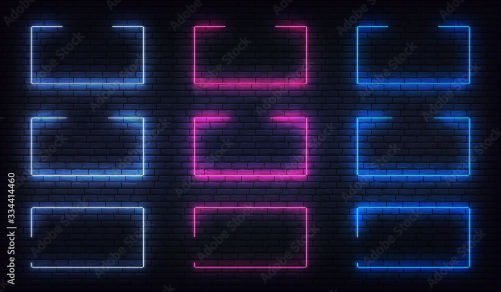 Neon frame border set. Blue, purple, white neon glowing background ...
