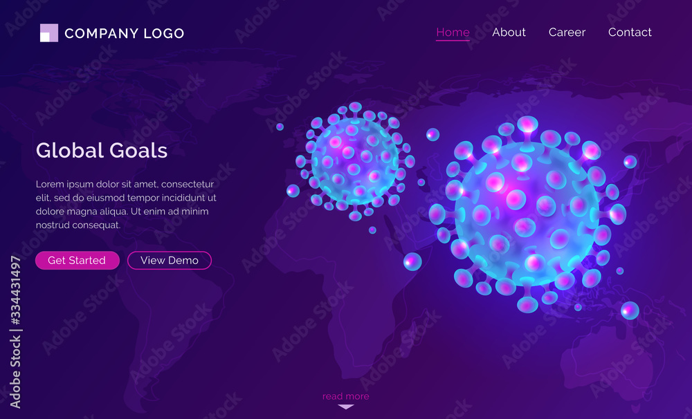 Coronavirus pandemic isometric landing page. Covid 19 cells on world ...