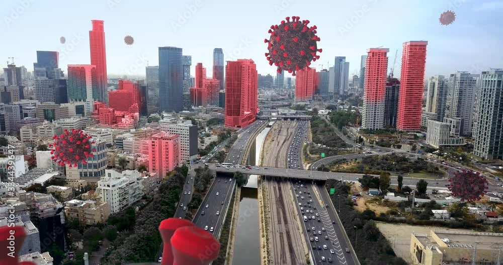 Coronavirus Covid-19 invasion over Large City-3D rendering Global ...