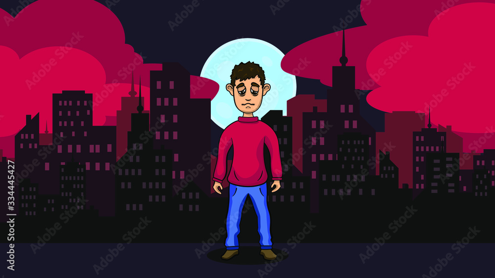 Sad man in depressed walking on street. Night city background with moon ...