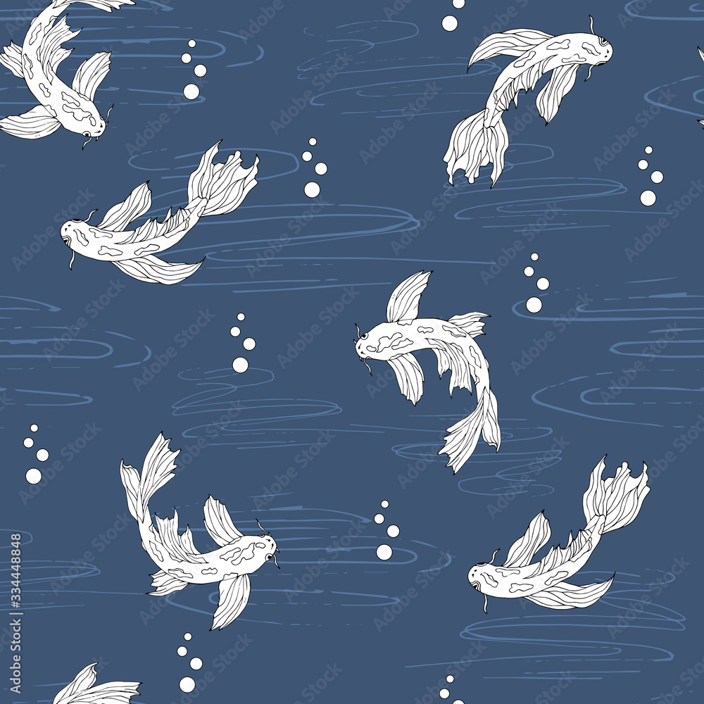 Japanese seamless pattern with koi carps. Hand-drawn fish on a dark ...