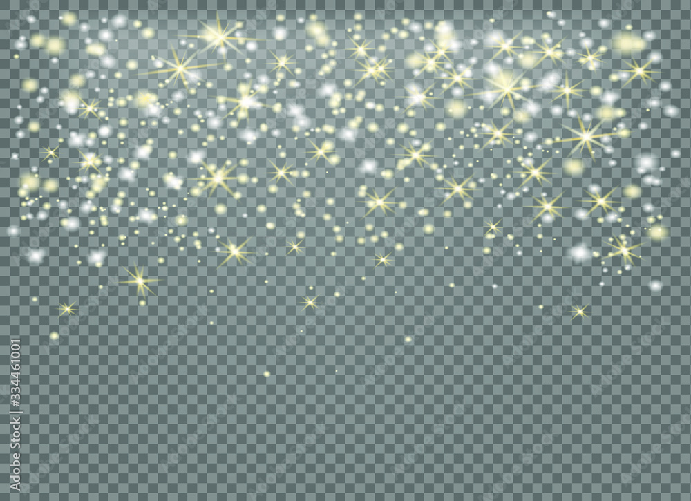 Falling stars effect on checkered background.Gold and silver glittering stars in a white cloud ...