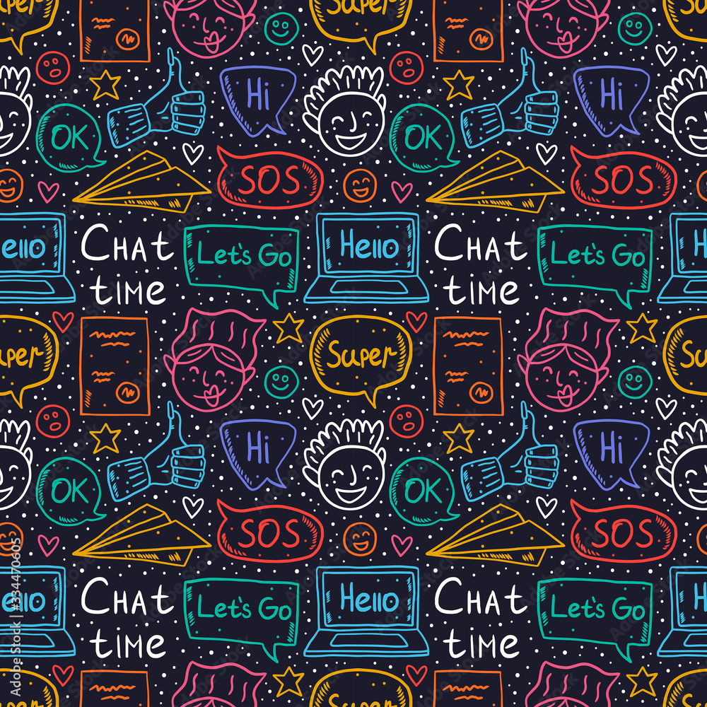 Chat time cartoon, doodle, vector seamless pattern, background ...