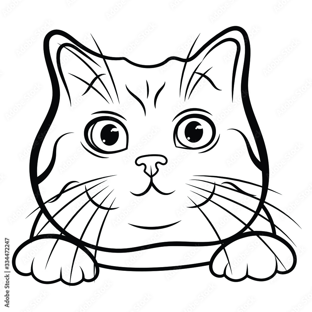 Cartoon head cat. Portrait of crooked cat with funny paws.Cat's face ...