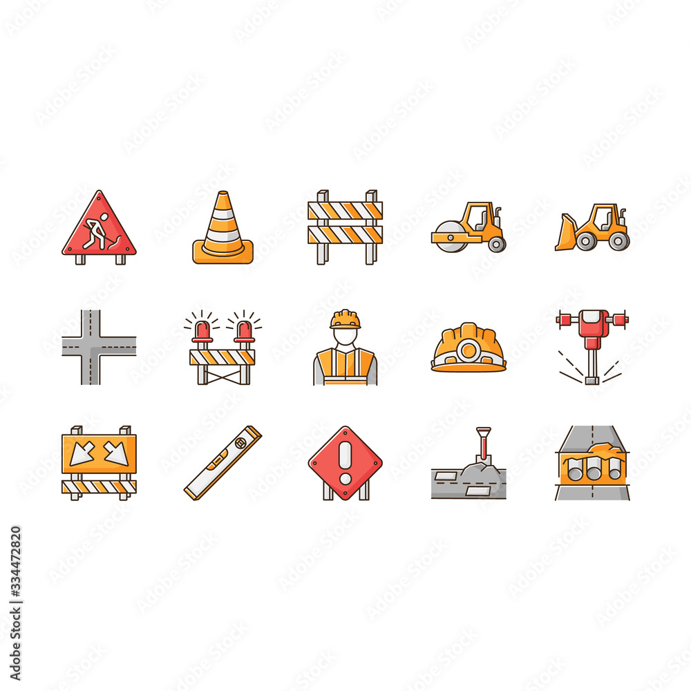 Road works RGB color icons set. Roadsign for construction. Worker in ...